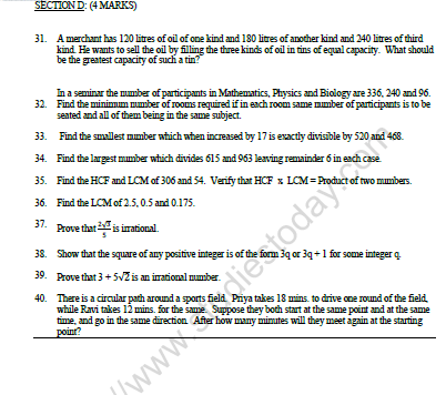 CBSE Class 10 Mathematics Real Numbers Worksheet Set A